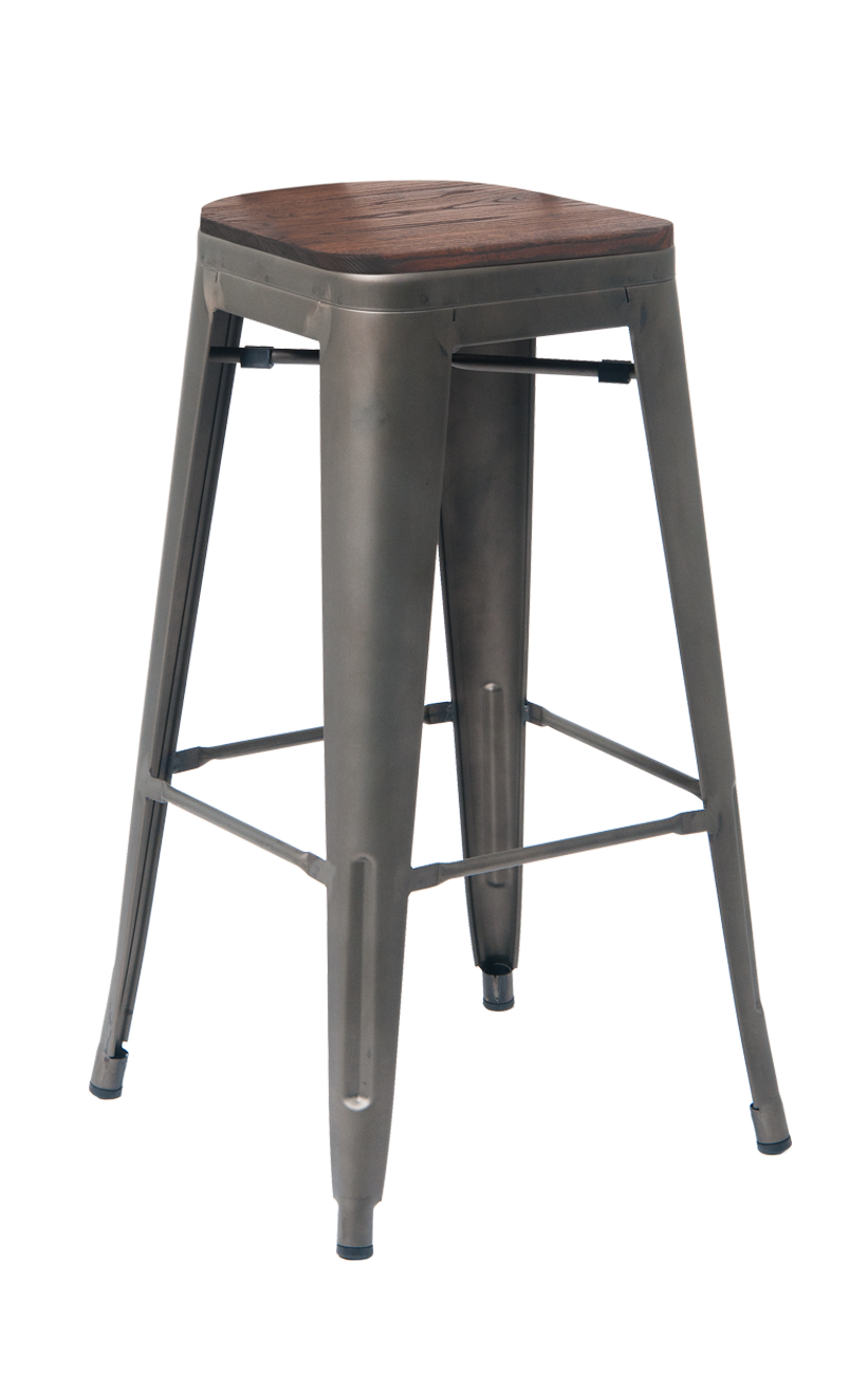Gunmetal Finish Backless Metal Bar Stool w/ Wood Seat