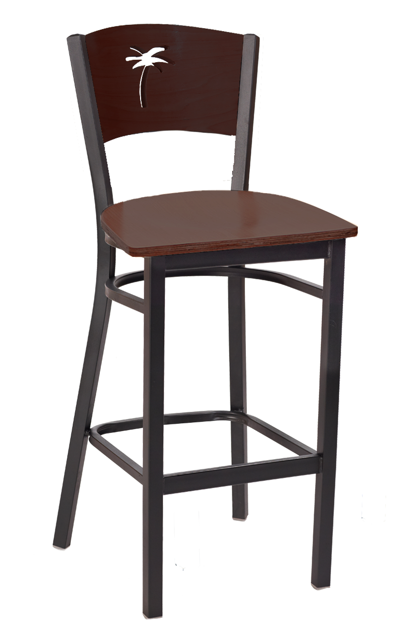 Palm Tree Cutout Veneer Seat Metal Barstool w/ Walnut Seat & Back