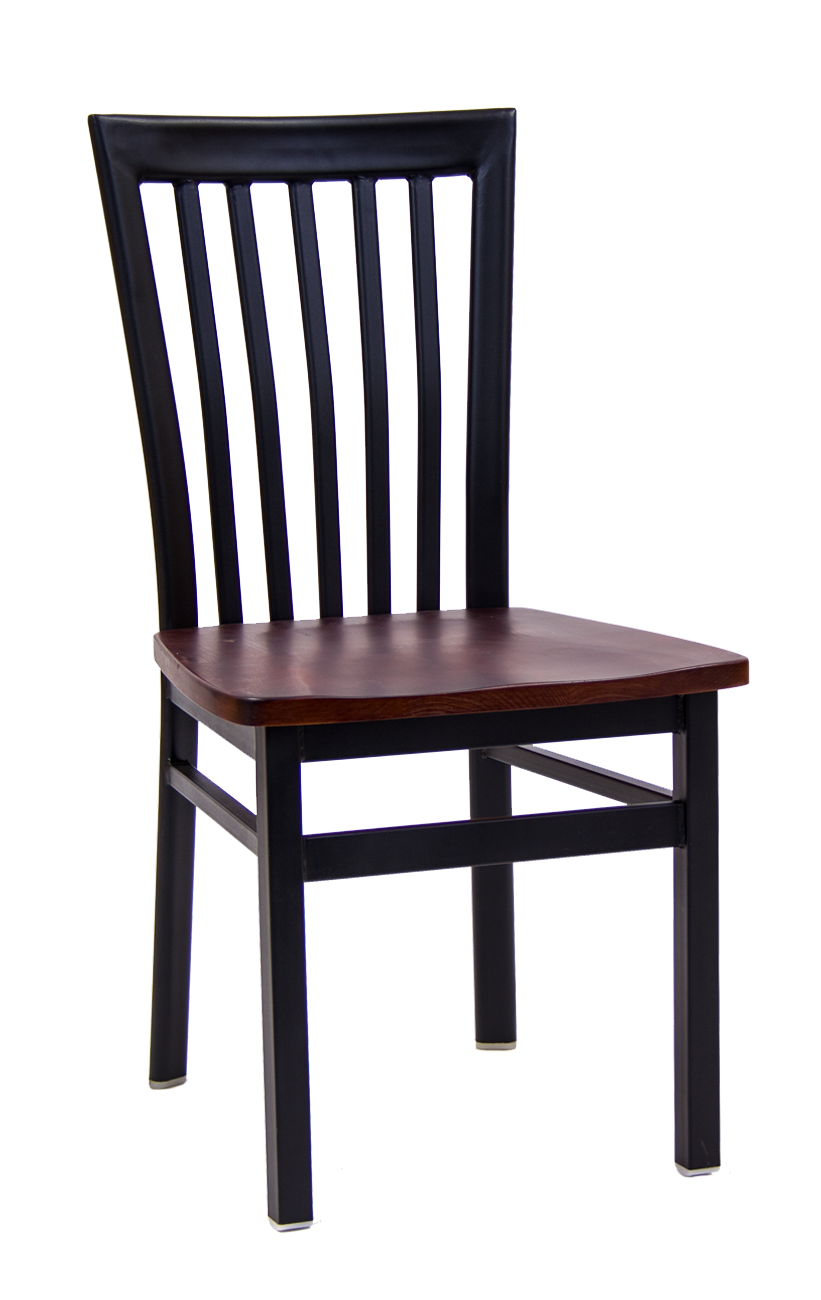 Black Metal Chair w/ Elongated Vertical Back & Wood Seat