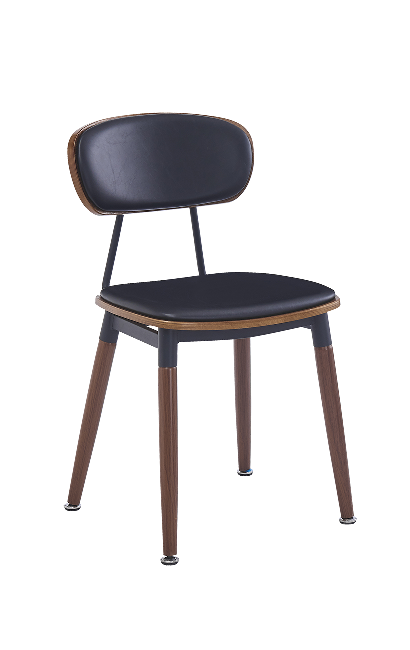Brown Finish Wood Grain Chair w/ Steel Frame & Black Vinyl Seat & Back