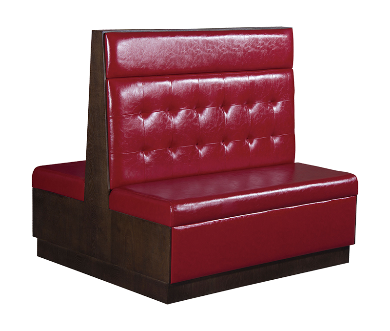 46"H, Red Vinyl Double Booth w/Button Tufted Back and Veneer Wood Frame